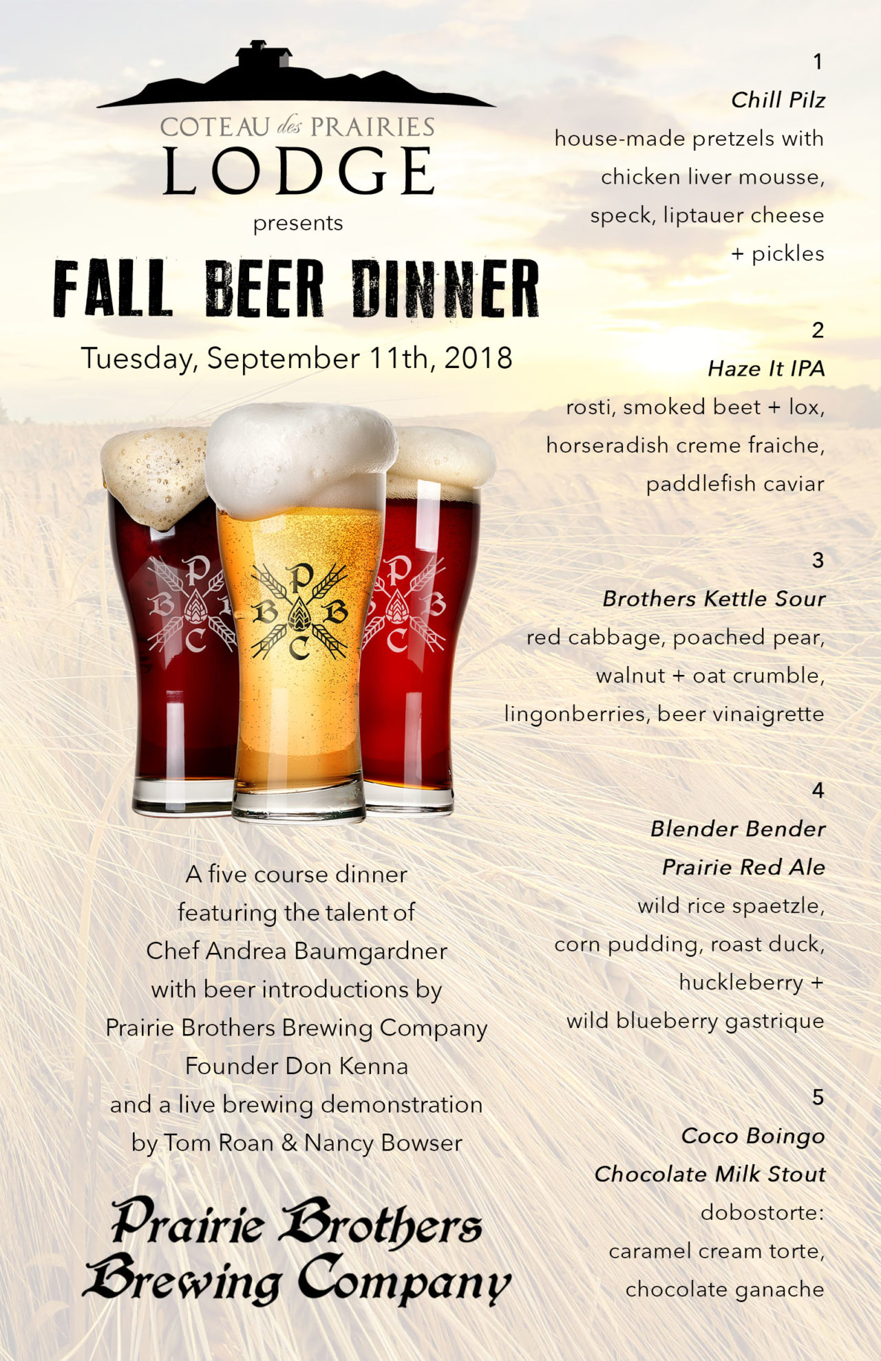 Fall Beer Dinner – Tuesday, September 11th | Coteau des Prairies Lodge